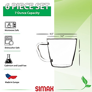 SIMAX Small Clear Coffee Mug: Borosilicate Glass Tea Cups - 7 Ounce Clear Mugs for Coffee - Coffee Glass Mugs With Handles - Clear Coffee Mugs - Cappuccino Cup - Small Coffee Cups - Tea Cup Set of 6