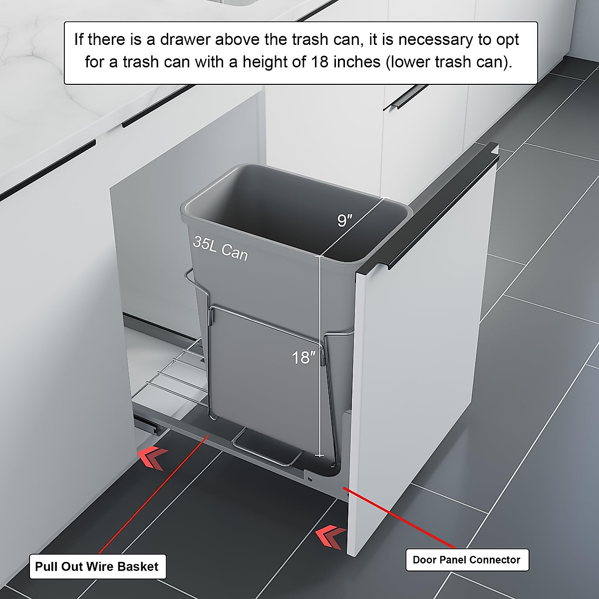 Dowell Alu Bottom Mount Pull- Out Waste Container W/Door Mounting Kit - Single Grey Recycling Bin- for Both 15” Frameless & Face Framed Cabinet -4012 0115 35