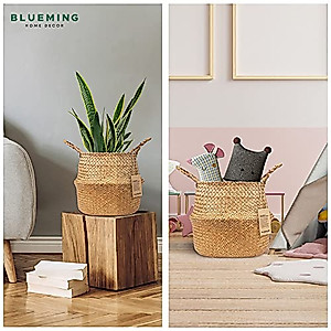 Blueming Home Decor Plant Basket – Large Seagrass Belly Basket Planter, Woven Rattan Wicker Plant Pot for Tall Indoor Plants with Handles, Round Decorative Boho Planters (Original, 10-11 Inch)