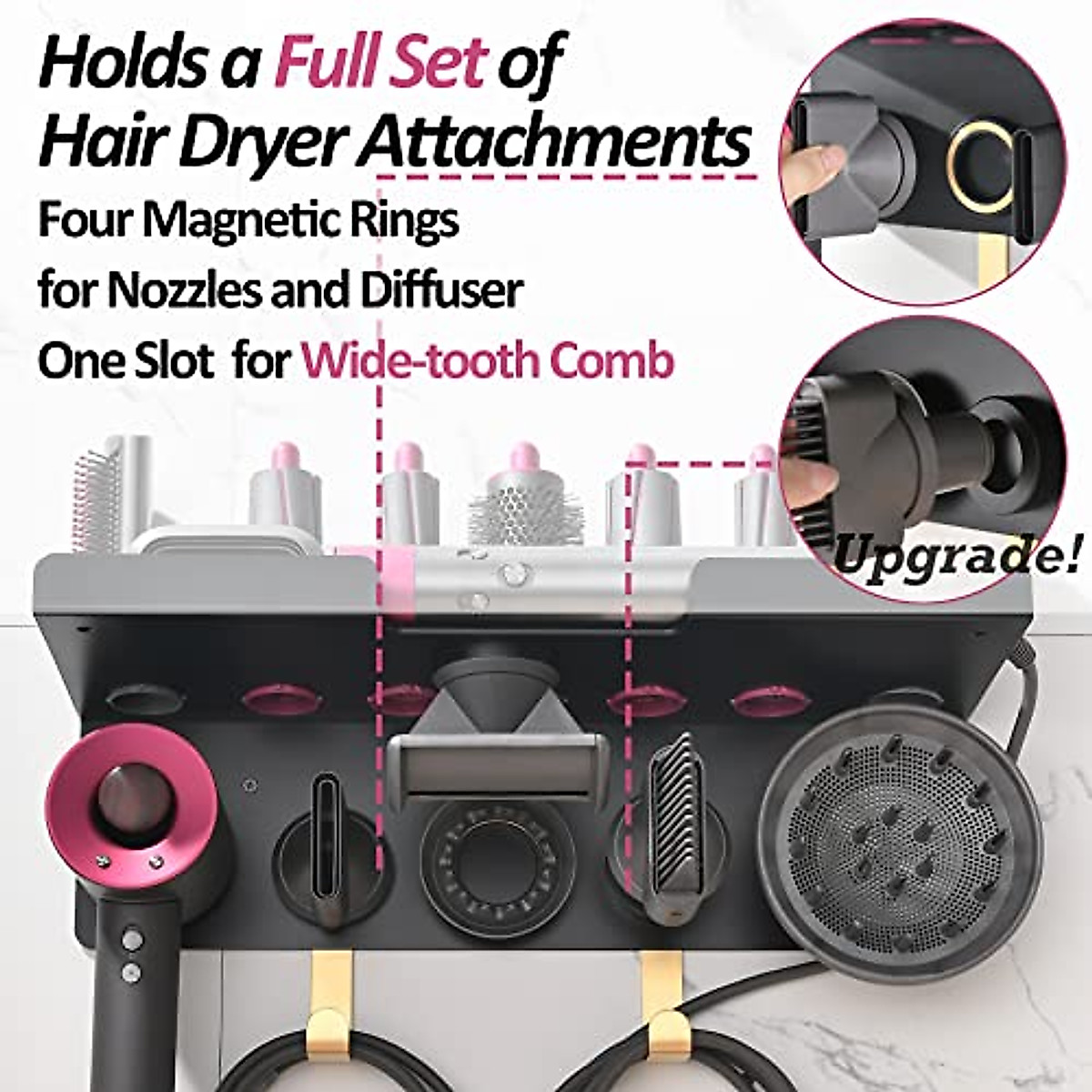 Affogato Wall Mount Holder for Dyson Airwrap Styler Supersonic Hair Dryer, Wall Mounted Organizer for Storage Attachments, Rack with Hooks for Accessories Nozzles Barrels Brushes