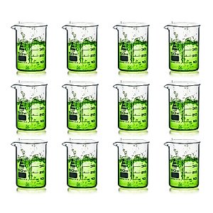 EISCO 12PK Beakers, 50mL - Borosilicate Glass, Low Form - 10mL Graduations