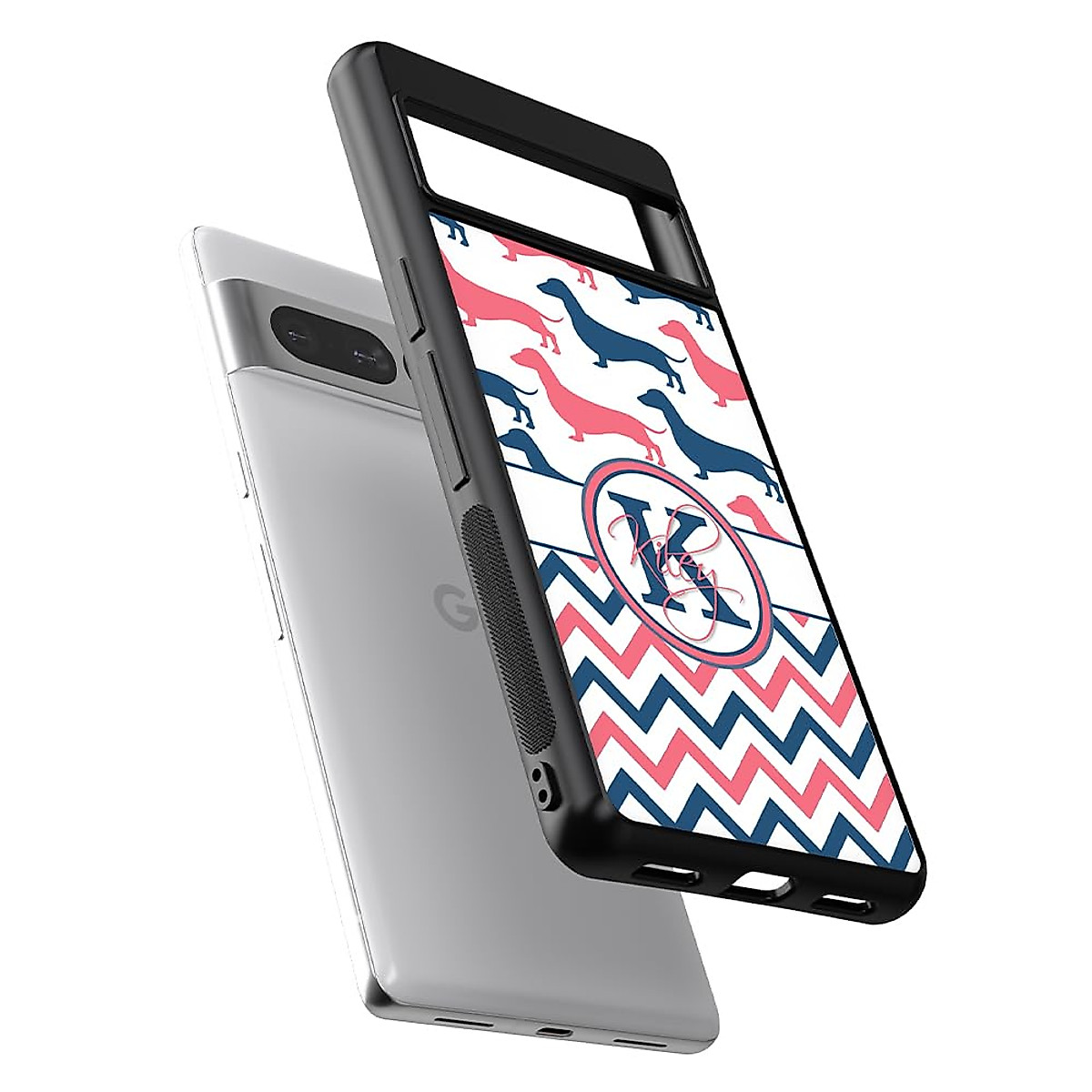 Dachshund Dog Chevron Personalized Black Rubber Phone Case Compatible With Google Pixel 8 Pro, 8a, 8, 7, Pixel 7 Pro, Pixel 6a, Pixel 6 Pro, 6, 5, 4a 5G, 4a 4G, 4, 4 XL, 3a, 3a XL, 3, 3 XL, 2 XL, 2