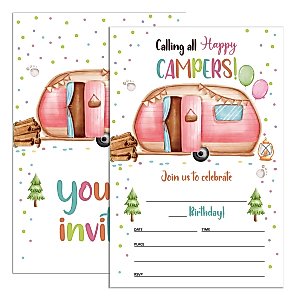 UDNADKEX Camping Birthday Invitations for Girls with Envelopes, Invites for Birthday Party Happy Camper, Glamping Camp Party Birthday Invitations Cards, Calling All Happy Campers, 4"x6" Set of 20