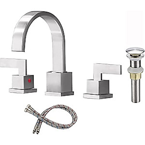 Friho Modern 2 Handle 3 Hole Stainless Steel Brushed Nickel Widespread Bathroom Faucet, 8 inch Bathroom Sink Faucet Lavatory Vanity Faucet with Pop Up Drain and Water Supply Lines