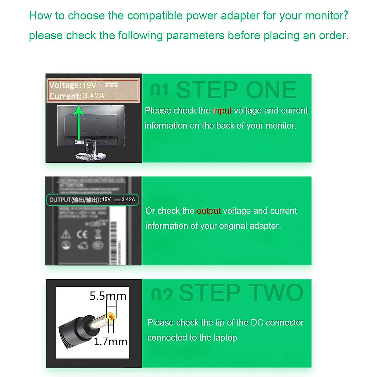 AC Power Supply Cord for Acer LCD Monitor G246HL G237HL G276HL H236HL S230HL S202HL S231HL S232HL H276HL G236HL G206HL S240HL S220HQL H277H S271HL G247HL H226HQL G226HQL S241HL G206HQL Adapter