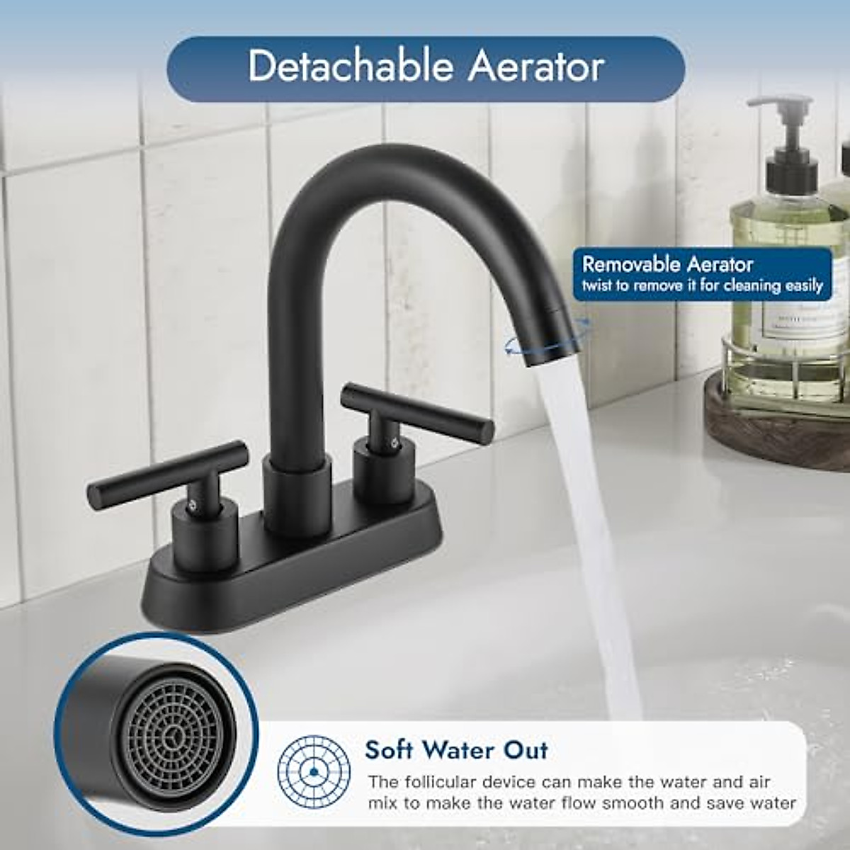 Cinwiny Matte Black Bathroom 4 Inch Centerset Sink Faucet SUS304 Double Handles Swivel Spout Deck Mount Mixer Tap with Pop-up Drain Lavatory Bathroom Vanity Faucets