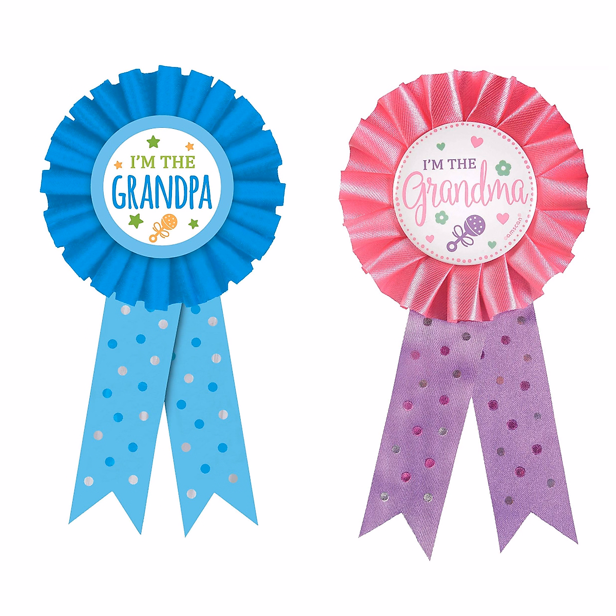 Blue I Am The Grandpa and Pink Grandma Ribbons - 2 Award Pins | Perfect for Baptism, Christening, Baby Showers, Gender Reveals Party, Baby Birth - Rosette Button Baby Name Celebration