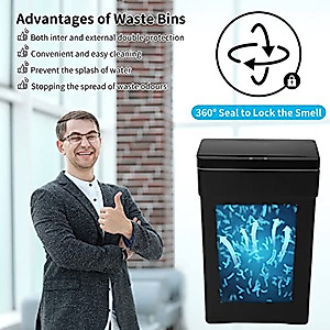 BLKMTY Trash Can 13 Gallon Trash Cans 50 Liter Kitchen Trash Can with Lid Plastic Garbage Can Automatic Garbage Bin Touchless Trash Bin for Office Bathroom Rubbish Can Auto Waste Bin, Black
