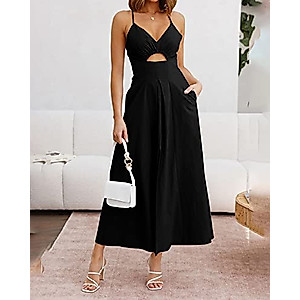 BTFBM Women 2023 Summer Spaghetti Strap Dress Sleeveless V Neck Cutout Slit Casual Beach Party Maxi Dresses with Pockets(Solid Black, X-Large)
