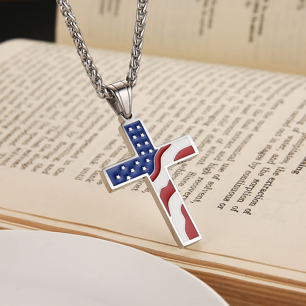 HZMAN American Flag Patriotic Cross Religious Jewelry Pendant Necklace, Silver