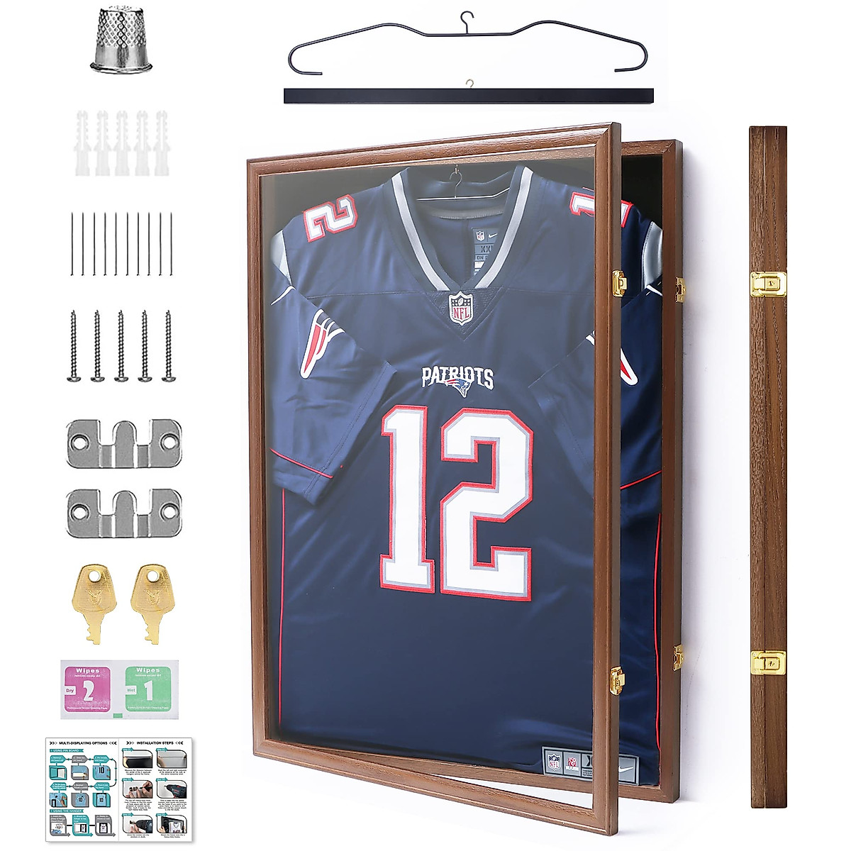 Jersey Frame Display Case - Solid Oak Wood Frame Shadow Boxes for Jersey Display Lockable with UV Protection Acrylic and 2 Hangers for Baseball Basketball Football Hockey Shirt, Walnut