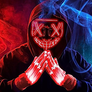JOYIN Halloween Led Light Up Scary Mask and Gloves for Cosplay Costume (Red), 3 Modes Glow in The Dark Mask for Boys Girls
