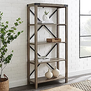 Walker Edison Andersen Urban Industrial Metal X Back 4 tier Bookshelf, 64 Inch, Grey Wash