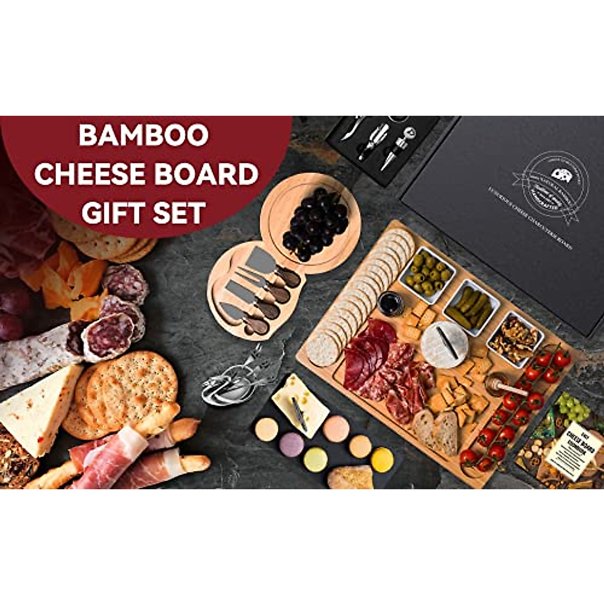 CHOMKIT Charcuterie Boards Set, Premium Bamboo Cheese Board and Knife Set, Meat/Cheese Tray, 23 Entertaining Accessories, Gift for Christmas, Housewarming, Anniversary