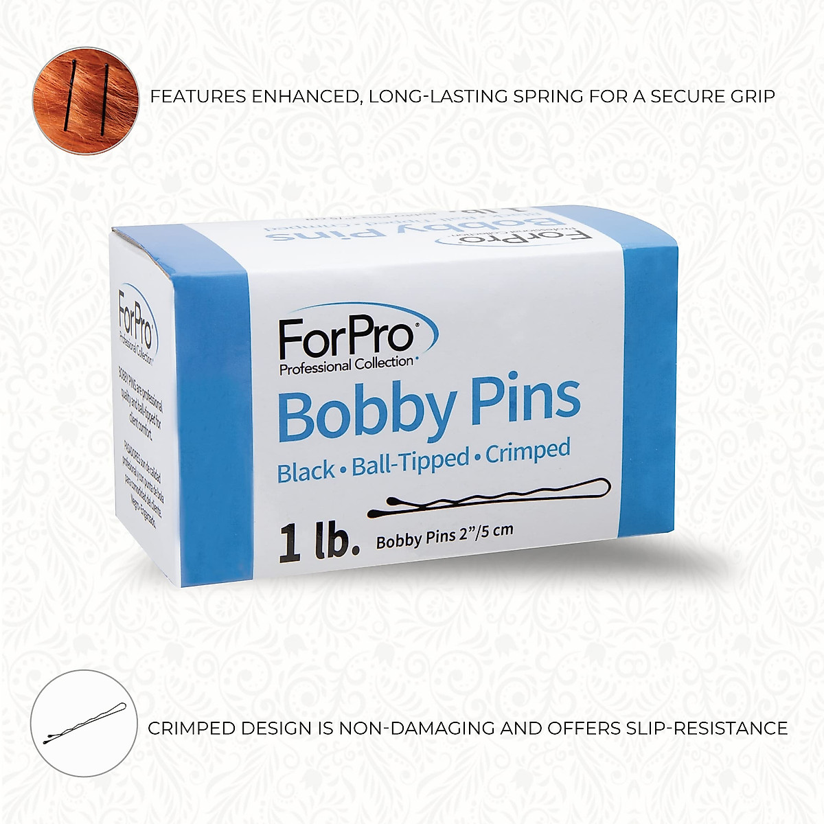 ForPro Professional Collection Bobby Pins (400-Count Approx), Black, 2" L, Ball-Tipped, Crimped, Non-Slip, Non-Damaging, 1 Lb.