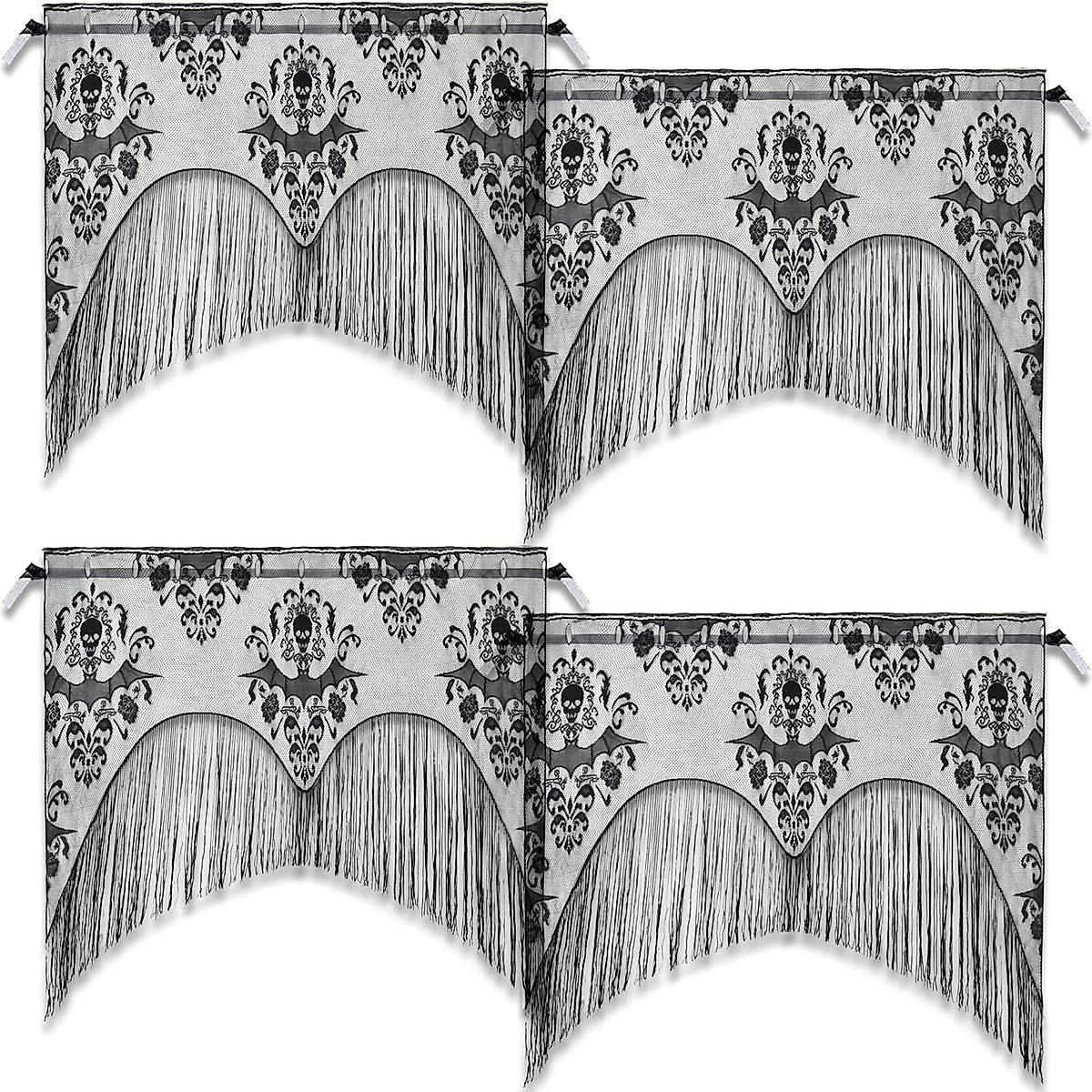 ZeeDix 2 Pcs Halloween Lace Bat Window Curtain- Black Fireplace Mantles Scarf, Door Curtain and for Halloween Home Party Decorations, Halloween Party Supplies