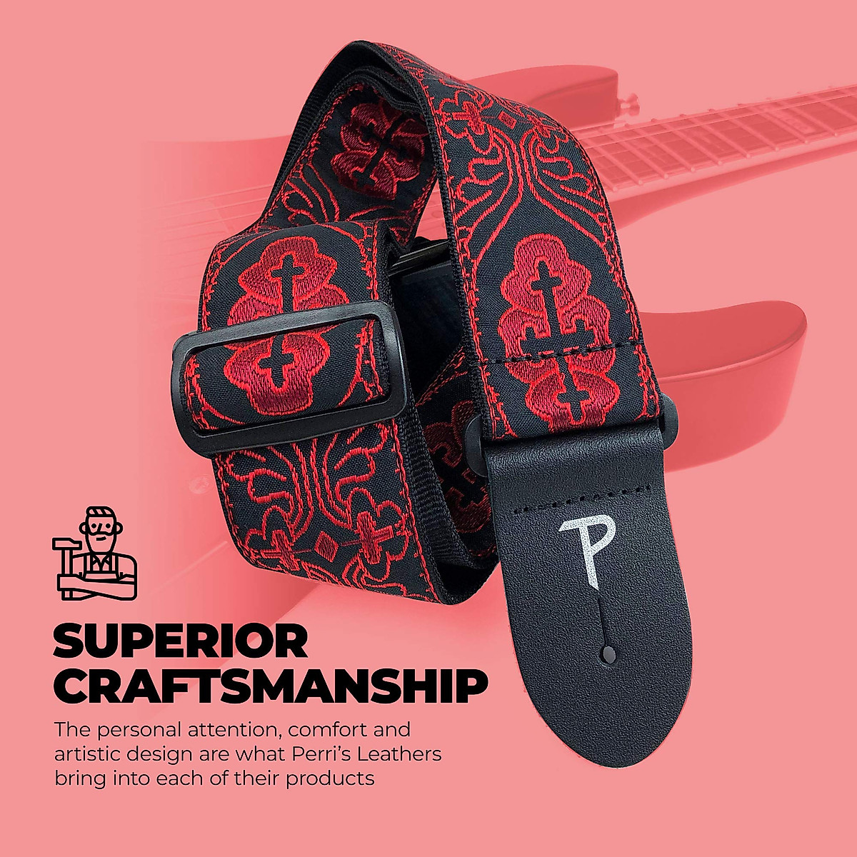Perris Leather Guitar Strap - Red Crosses Jacquard Ribbon Guitar Strap, with Leather Ends - Electric/Acoustic/Bass Guitar Strap - Adjustable Strap From 39″ to 58″ - Red/Black (TWS-7071)