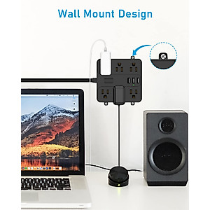 Flat Plug Power Strip, HEZI 6ft Flat Extension Cord, Surge Protector with 3 USB Ports & 6 Outlets Extender Slim Wall Mount Charging Station for Home Office Desk Black, with Plug