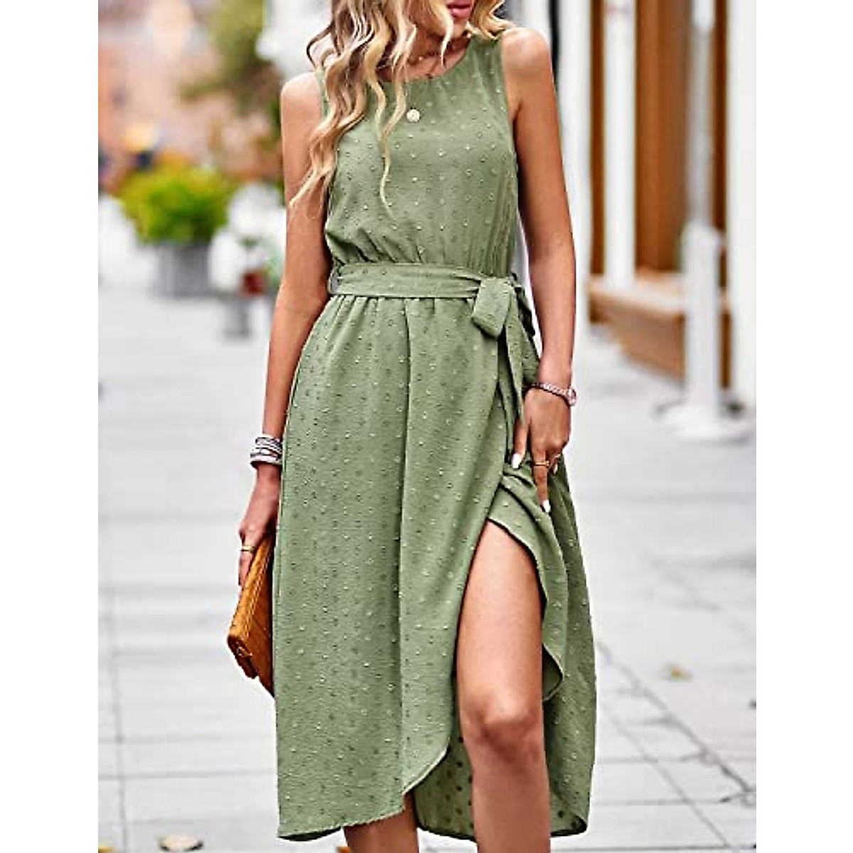 Falechay Midi Dresses for Women Wedding Guest with Belt Pocket Crew Neck Sleeveless Green Dress L Loose Vacation
