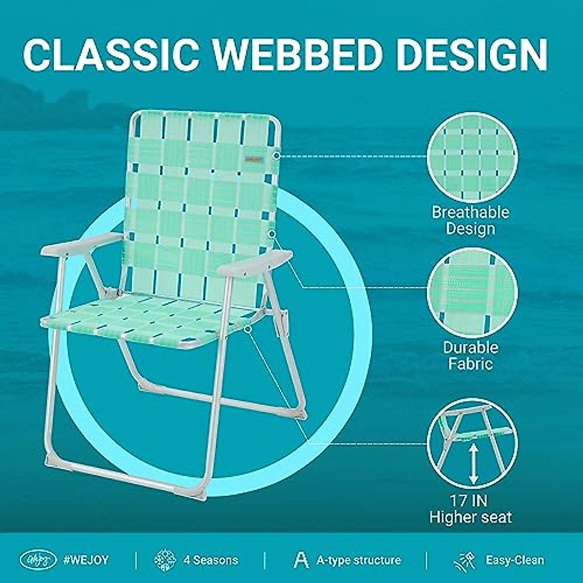 #WEJOY Anti-tip Over Folding Webbed Lawn Chair, Oversized 17-in High Beach Chair for Adults Heavy Duty,Aluminum High Seat Camping Chair for Elder Outdoor Garden Park Backyard(Cyan/Grey)