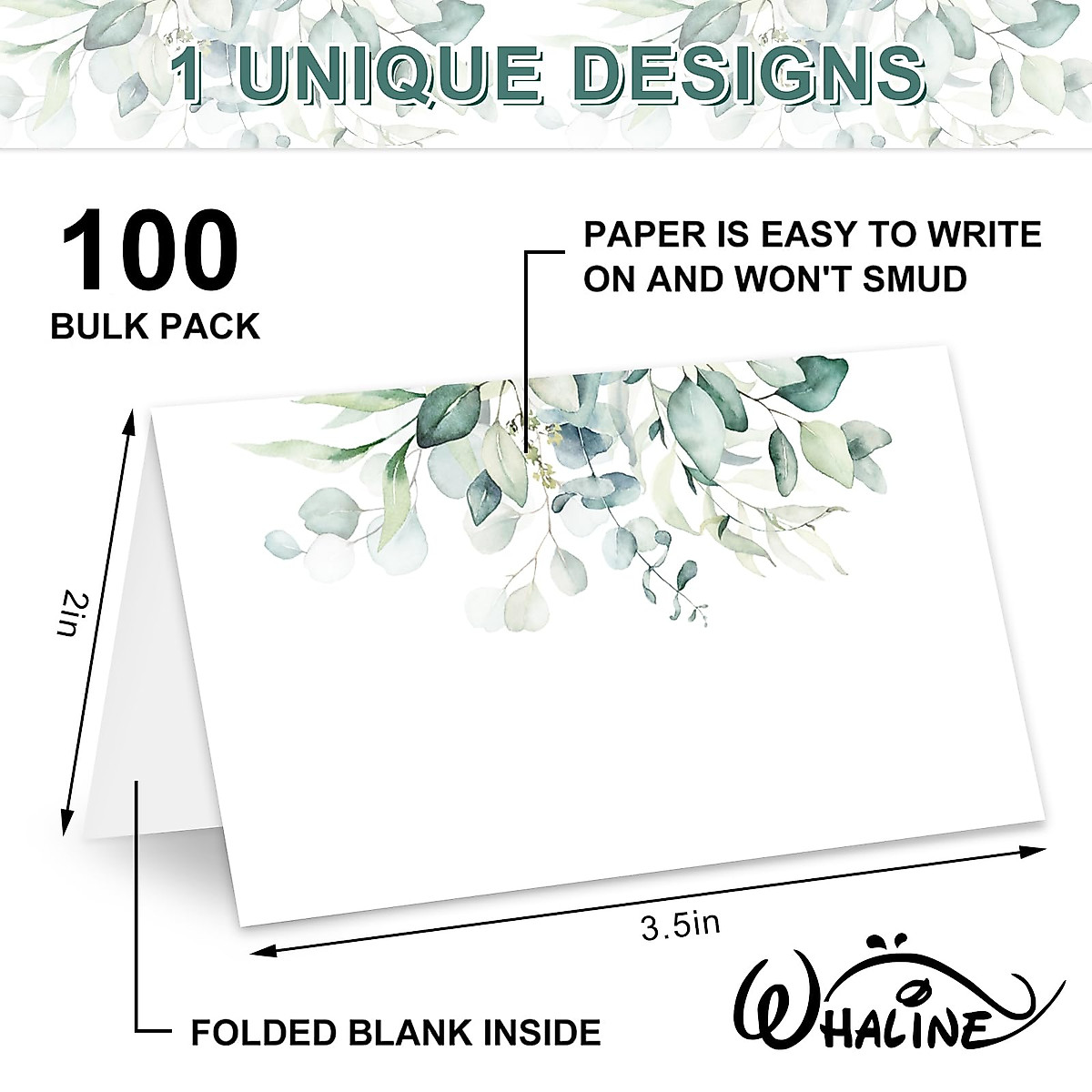 Whaline 100Pcs Greenery Place Cards 2 x 3.5 Inch Watercolor Green Leaves Tented Cards Blank Table Name Sign for Wedding Banquet Bridal Baby Shower Birthday Party Table Setting Supplies