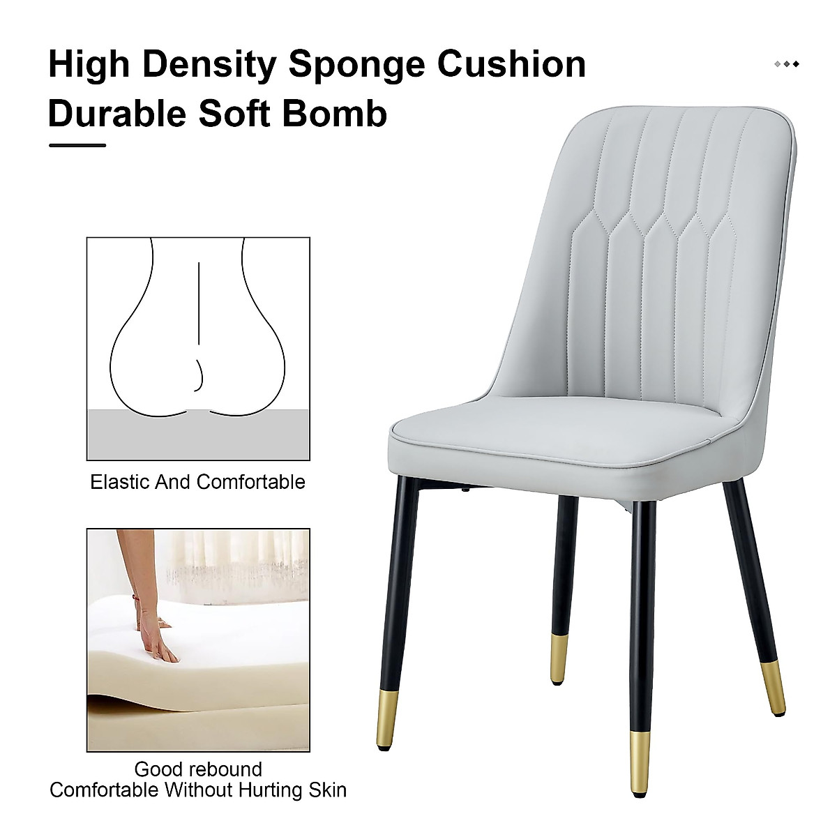 Dvasovio Dining Chairs Set of 4 with Pu Artificial Leather Backrest Cushions and Black Metal Legs, Suitable for Restaurants, Kitchens, and Dining Room. (Grey+PU Leather)