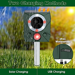 Solar Ultrasonic Animal Repeller Outdoor, Squirrel Deer Repellent, Ultrasonic Raccoon Repellent with Motion Sensor for Skunk, Fox, Deer, Wolf, Coyote, Rabbit, Mole