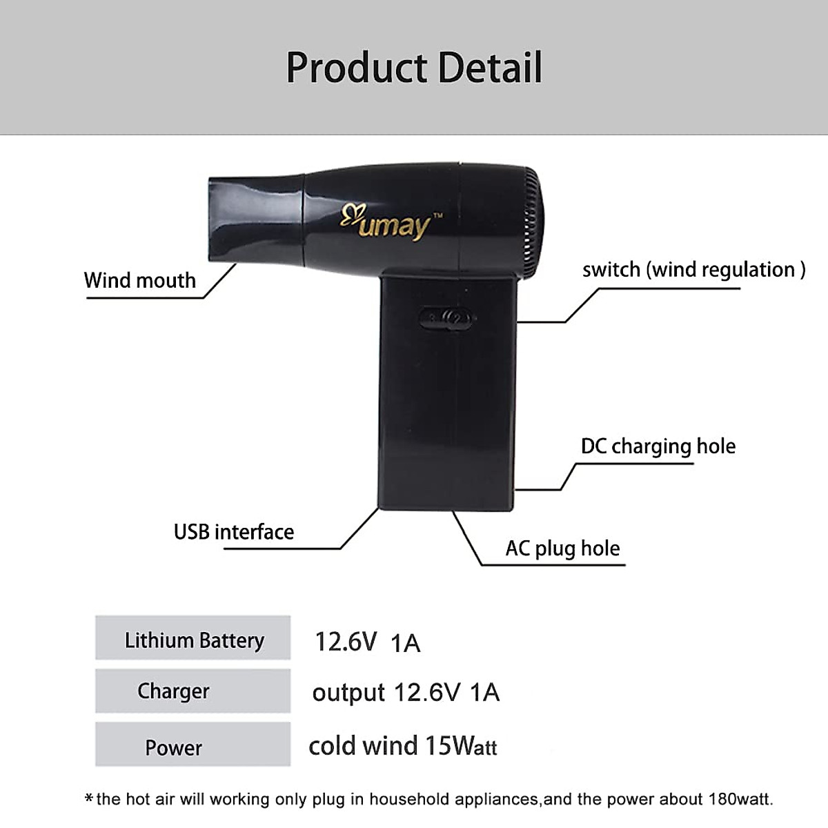 UMAY Cordless Rechargeable Hair Dryer Art Painting Dryer Portable Blower with USB Mobile Port Suitable for Drying Painting Pet Baby Easy to Carry Cordless Use, 1 Count