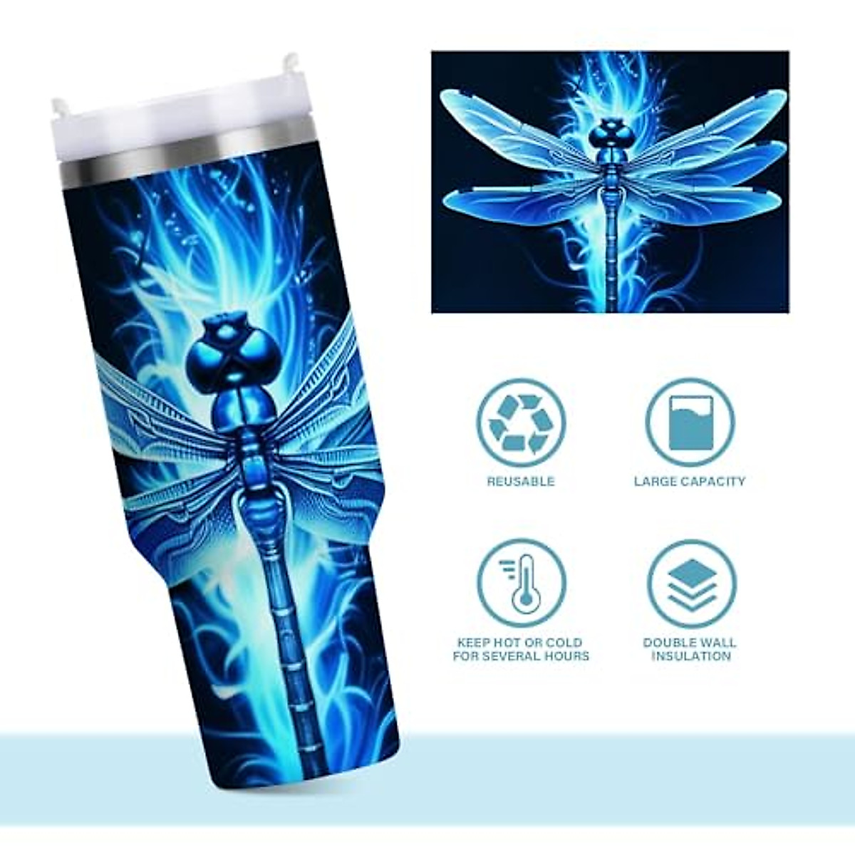 ODAWA 40 Oz Dragonfly Blue Insulated Tumblers with Lid and Straw, Insulated Stainless Steel Tumbler