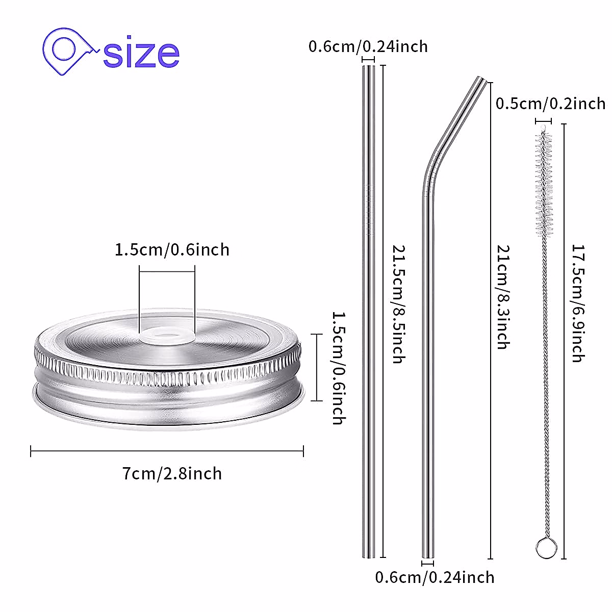 26 PCS Regular Mouth Mason Jar Lids with Straw Hole - 70MM Canning Lids Drinking Jar Lids Tinplate Jar Lids Silver Canning Jar Caps with Silicone Ring/Straws/Cleaning Brush for Drinking Food Storage