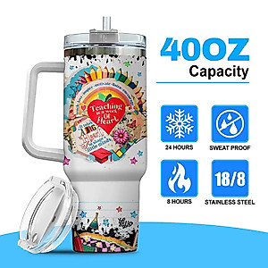 99OWL Teacher Learning Tools Colorful, Tumbler 40 Oz With Handle Lid And Straw, Teacher Gifts, Teachers Handle Book Lover Rainbow Books Tumblers Steel Appreciation Pencil Coffee Pack