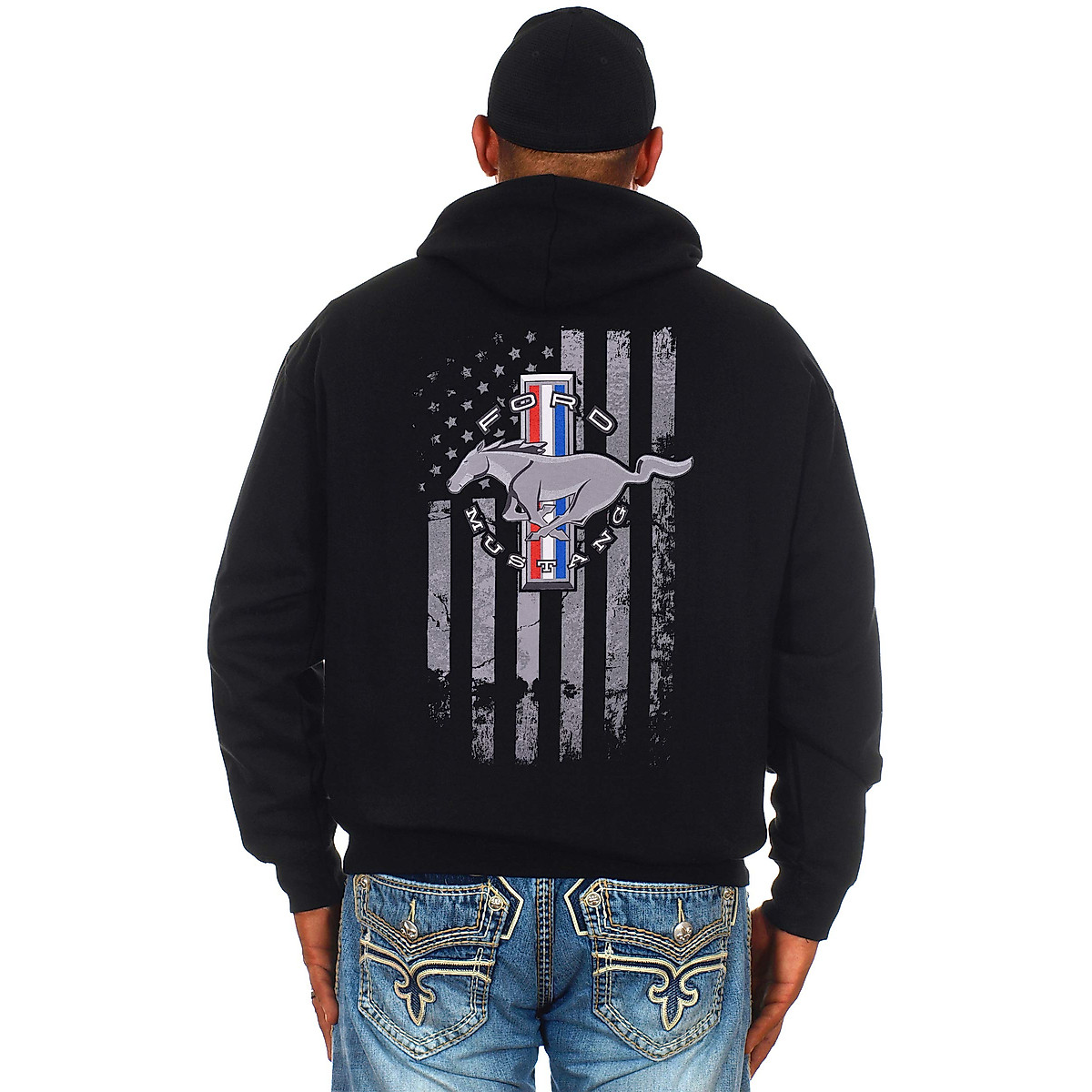 JH DESIGN GROUP Men's Ford Mustang Pullover Hoodie American Flag 2 Sided Sweatshirt (Small, Black)