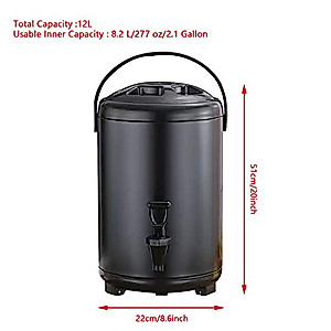 Stainless Steel Insulated Beverage Dispenser 12 Liter/3.17 Gallon with Spigot for Hot Tea & Coffee, Cold Milk, water, juice in parties, offices, Soup Family Party，weddings(Black)