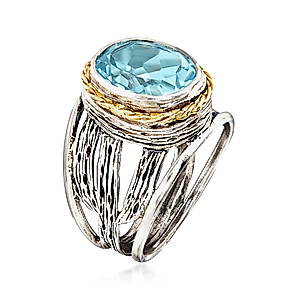 Ross-Simons 5.00 Carat Sky Blue Topaz Openwork Ring in Sterling Silver and 14kt Yellow Gold. Size 8