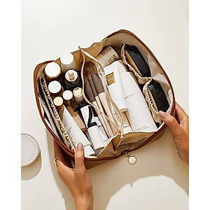 EACHY Travel Makeup Bag,Large Capacity Cosmetic Bags for Women,Waterproof Portable Pouch Open Flat Toiletry Bag Make up Bag with Divider and Handle (Brown, Medium)