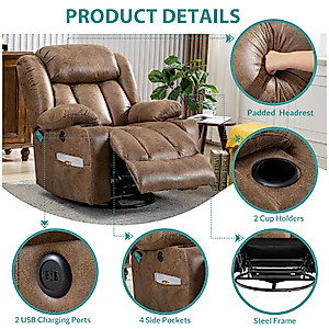 MEETWARM Massage Swivel Rocker Recliner with Heat and Vibration, Manual Glider Rocking Recliner Chair, 360°Swivel Lounge Reclining Chair with USB Ports/Cup Holder/Remote Control(Brown)