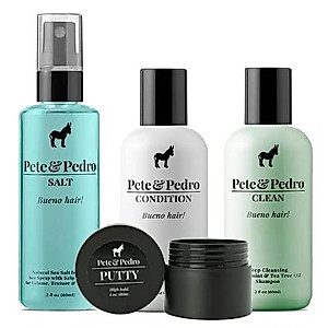 Pete & Pedro BUENO HAIR SAMPLES SET - Men's Hair Care and Styling Trial & Travel Size Kit | Sea Salt Spray, Putty, Clean Shampoo, & Peppermint Condition | As Seen on Shark Tank, Set of 4 Products