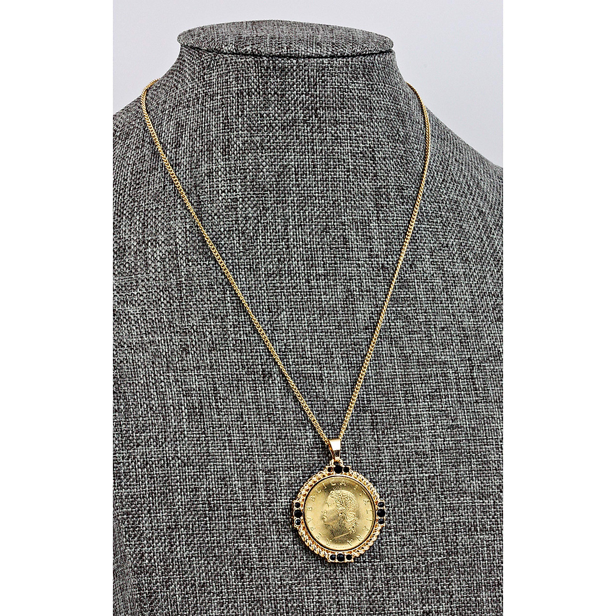 American Coin Treasures Italian 20 Lira Coin Pendant Necklace - Italian 20 Lire Goldtone Pendant with Faceted Round Jet Glass Stones| Italian Medallion Pendant
