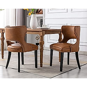 CIMOTA Mid Century Modern Dining Chairs Set of 2, Faux Leather Dining Room Chairs Upholstered Armless Side Chairs with Open Back/Nailhead Trim for Kitchen/Dining Room/Living Room, PU Brown/2PCS