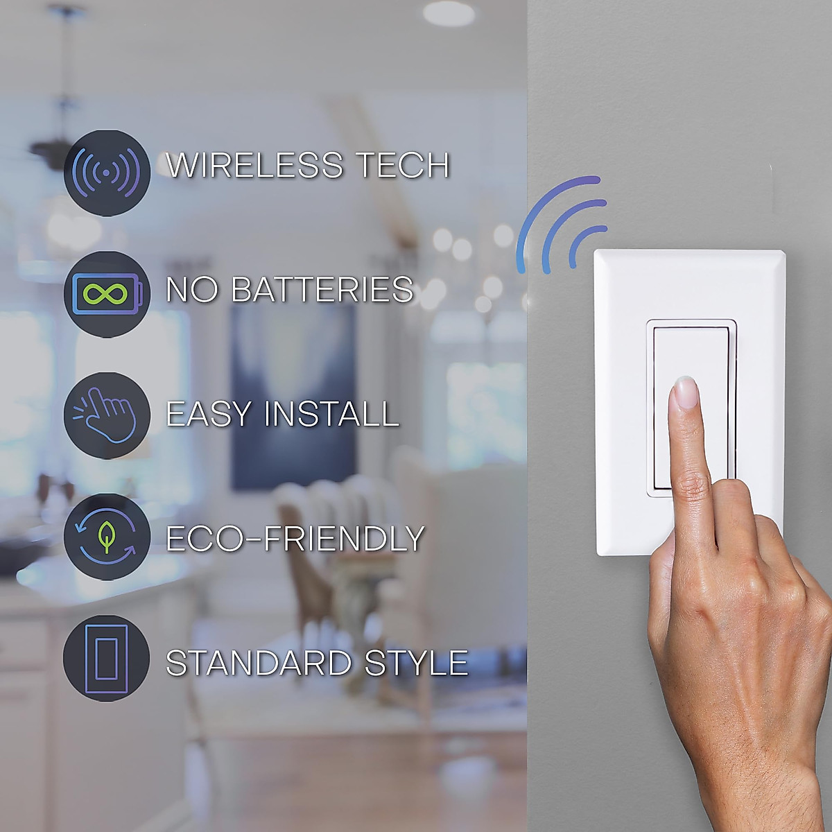 RunLessWire 3-Way Remote Light Switch Kit Wireless Battery-Free Self-Powered Kinetic DIY Wall Switch 150ft RF Range - 3 Way: 1 On/Off Receiver, 2 Switches - White