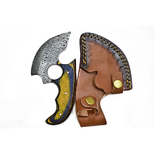 Titan International Knives Damascus Steel Alaskan ULU Blade High Carbon Full Tang Boning Utility Kitchen Knife with Diamond Wood Handle Ideal for Kitchen Hunting & Outdoors Leather Sheath included