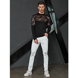 WDIRARA Men's See Through Floral Lace Mock Neck Long Sleeve Casual Tee Shirt Top Black XL