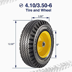 MaxAuto 2 Pcs 4.10/3.50-6" Flat Free Tire, Hand Truck/All Purpose Utility Tire on Wheel, 3" Centered Hub, 3/4" Bearings, Yellow Steel