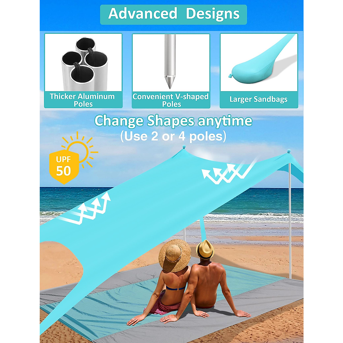 anngrowy Beach Tent Canopy 10'x10' Beach Tents Sun Shelter 6-8 Person Beach Canopy Tent Sun Shade Easy Setup, Beach Blanket Sandproof 10' x 9' Beach Mat Sand Free Waterproof Beach Blankets Extra Large