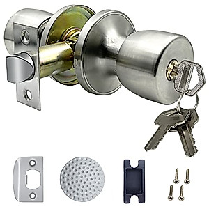DSJJBLL Satin Nickel Door Knob with Lock and Key Round Ball Lock Interior/Exterior Door Knob for Bedroom Or Bathroom
