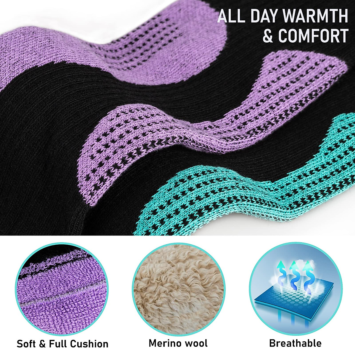 Merino Wool Ski Socks 2 Pairs, Thermal Knee High Warm Socks for Snowboarding, Hiking, Cold Weather, Snow, Hunting