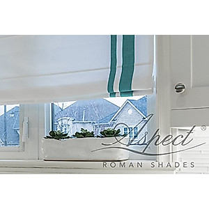 LOGANOVA Flat Roman Shade Chevalle Seafoam. White background with double blue green border and chain mechanism. Custom made.