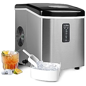 Ice Maker Machine Countertop Stainless Steel |Compact Ice Maker, ‎3 Size Bullet Ice Ready in 8 Mins, 30Lbs/24H, Portable Ice Cube Maker with Scoop Basket, for Home/Kitchen/Office/Bar