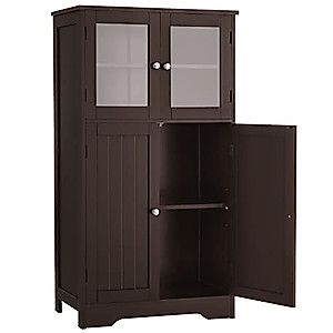 Iwell Bathroom Storage Cabinet, Linen Cabinet with Glass Doors & Adjustable Shelf, Freestanding Storage Organizer for Living Room, Home Office, Bathroom, Brown