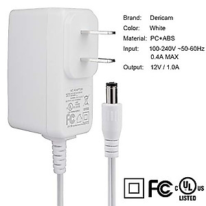 Dericam 12V 1A DC Power Supply Adapter for IP/CCTV Security Camera, 5ft/1.5 Meter AC to DC Power Cord, Wall Charger, Output DC 12V 1000mA, Input AC 100V-240V/50 or 60Hz/0.4A Max, US Plug, White